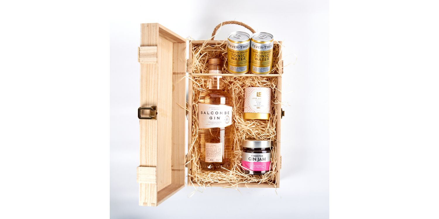 Salcombe Gin Rosé Sainte Marie Gin & Luxury Nibbles Wooden Gift Box Set ...