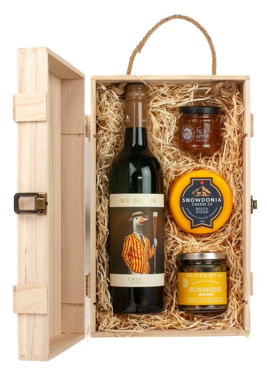Mr Goose Shiraz Red Wine, Olives, Cheese & Chutney Gift Box from £48.50