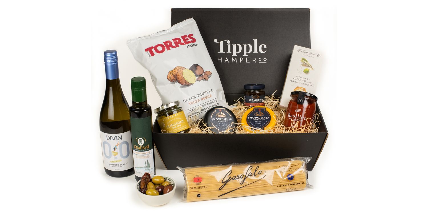The Non-Alcoholic White Wine, Cheese & Nibbles Hamper from £78.20